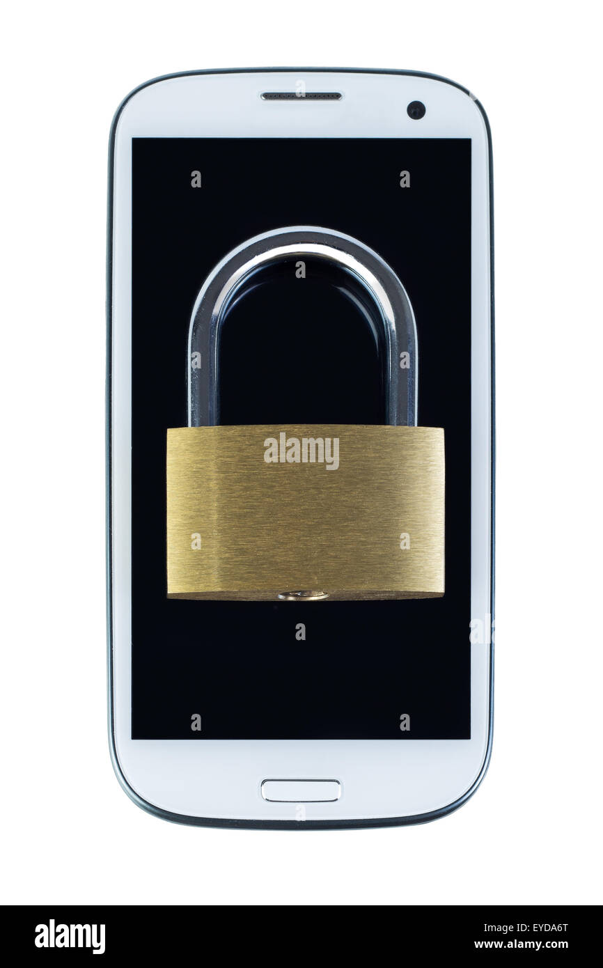 Locked padlock on a mobile phone, viewed from above. Isolated on white ...