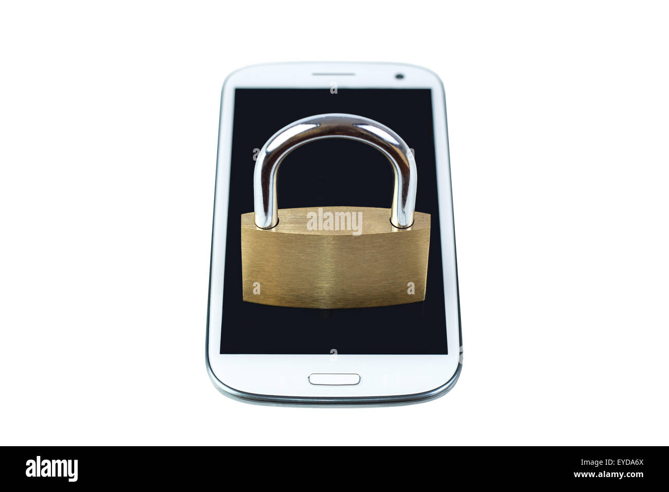 Locked padlock on a mobile phone. Isolated on white background. Concept ...