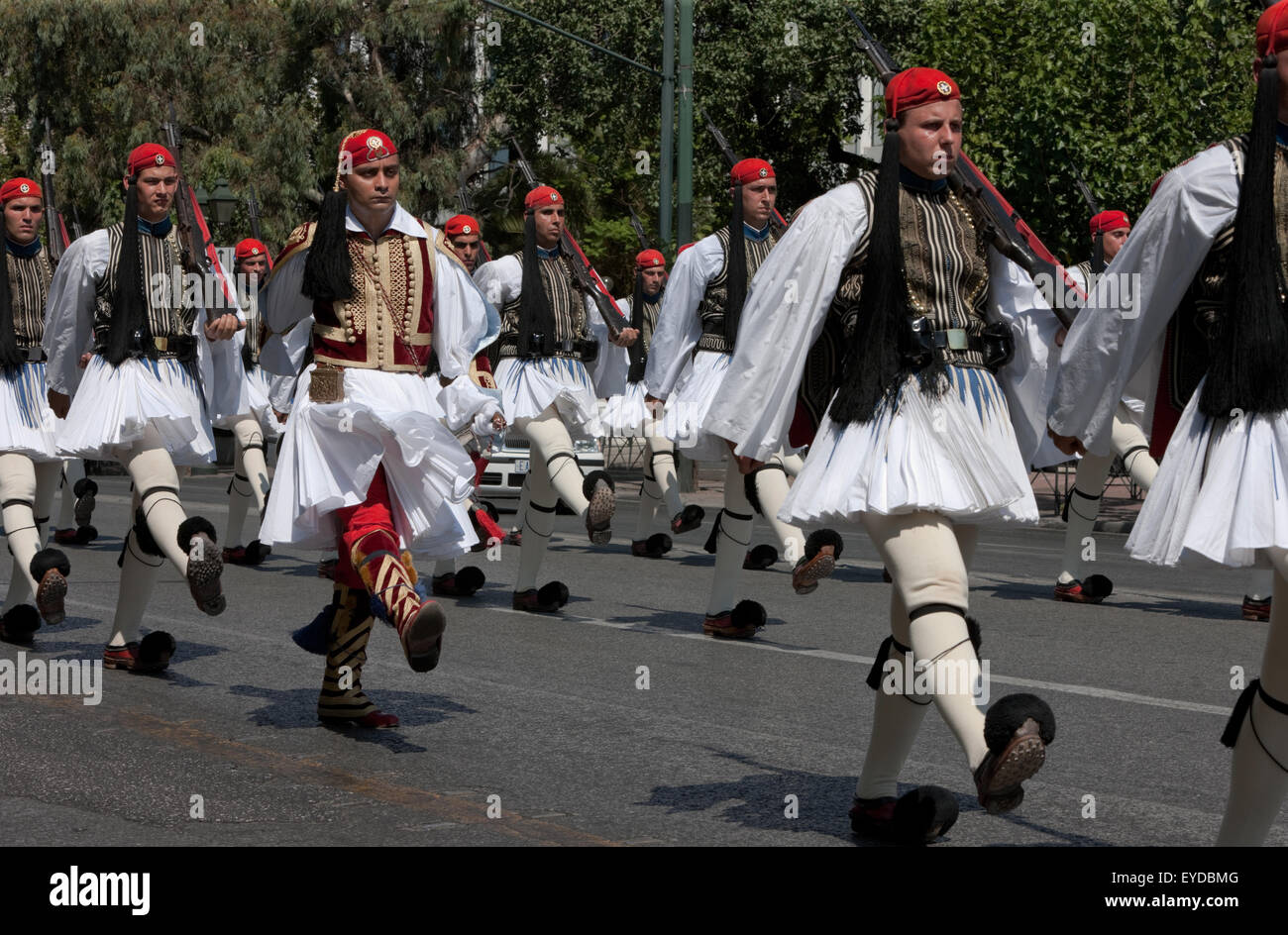 Wide view of the Greek presidential guard regiment marching after the ...