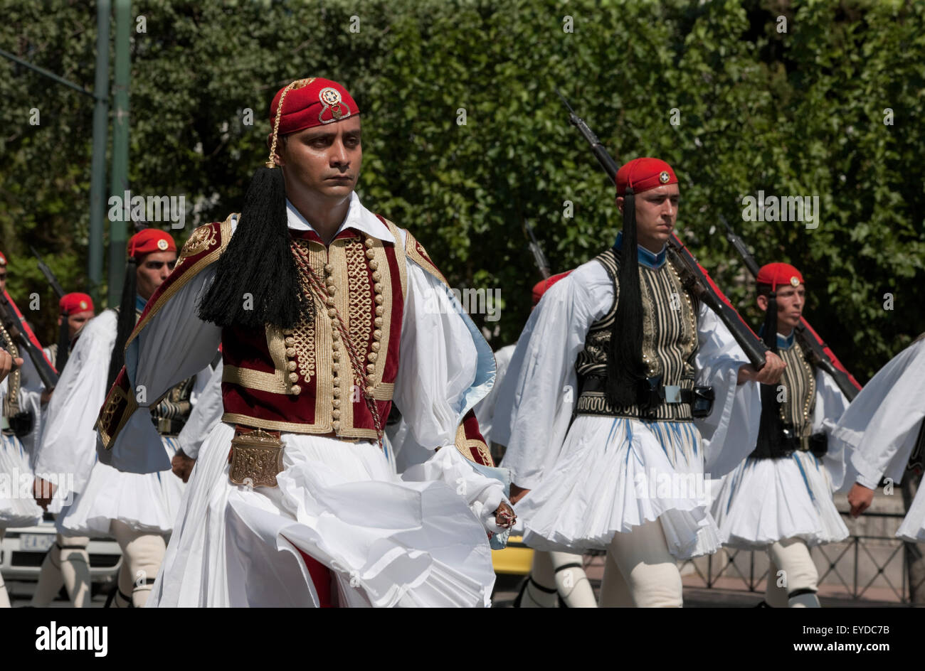 Close shot of the Greek presidential guard regiment marching after the ...