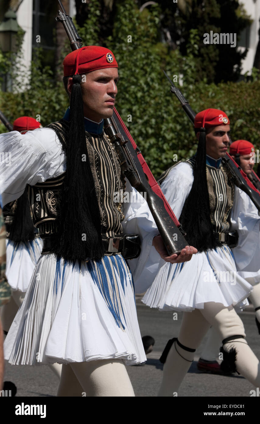 Close shot of a Greek presidential guard marching after the end of a ...