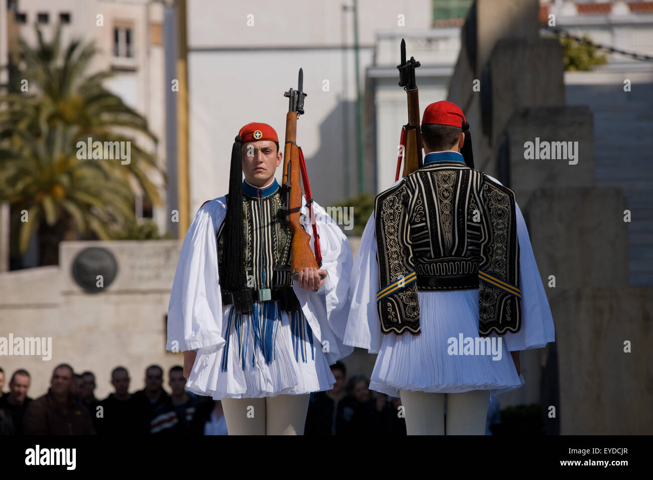Two Greek Tsoliades or Evzones standing aside eachother during the ...