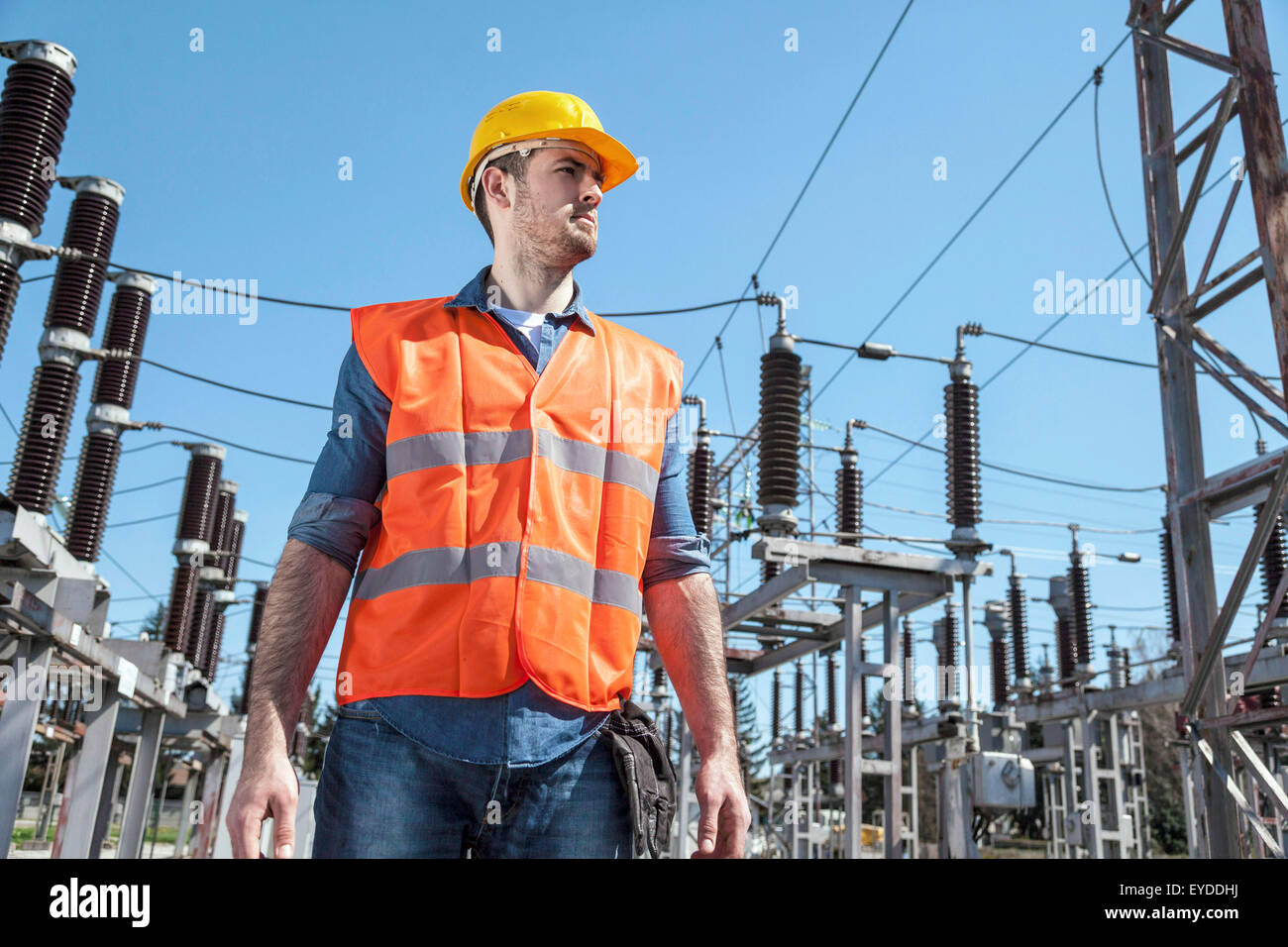 Portrait of engineer against electricity substation Stock Photo - Alamy