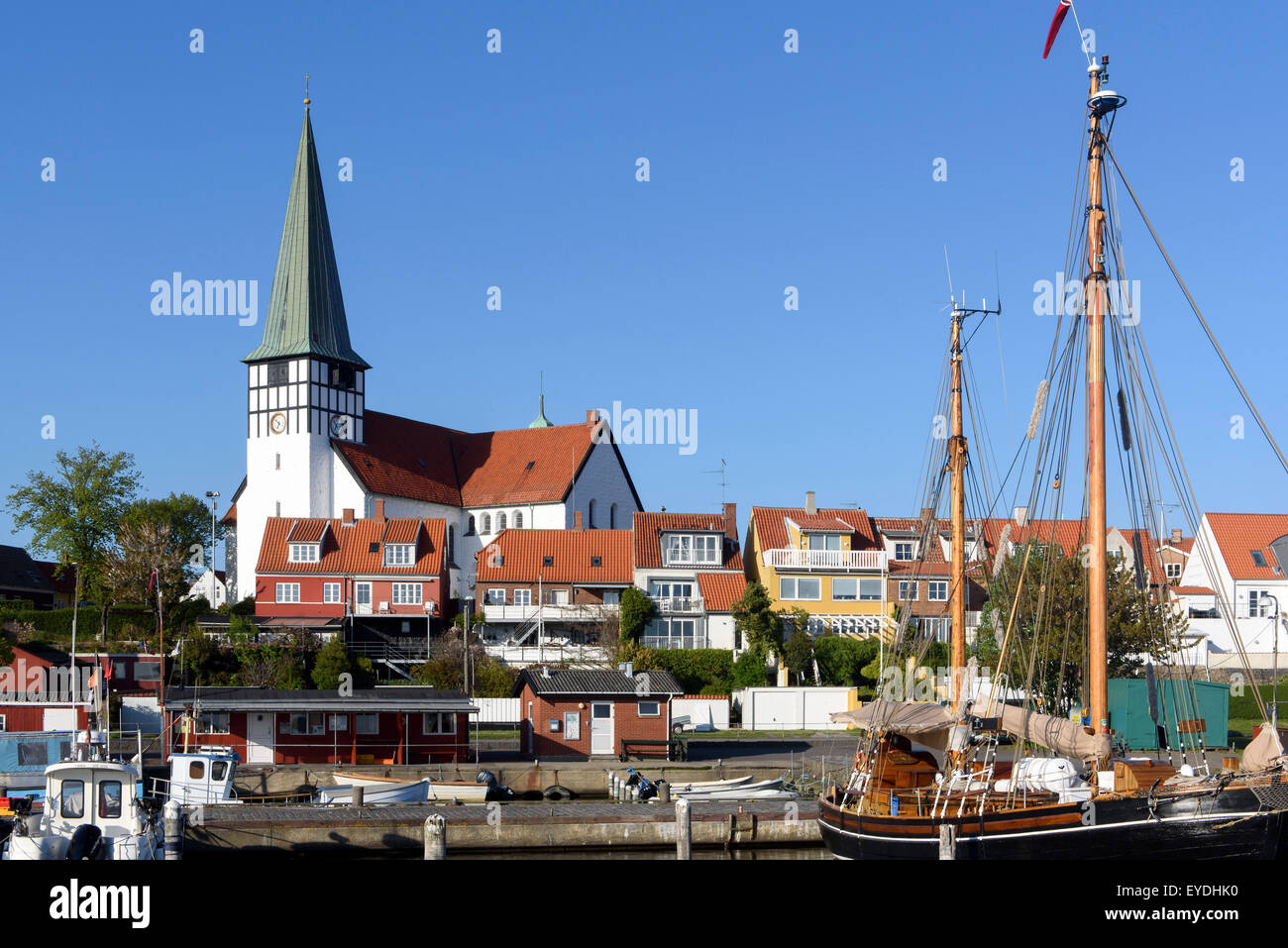 Fishing port and Nikolai church, Roenne, Isle of Bornholm, Denmark ...