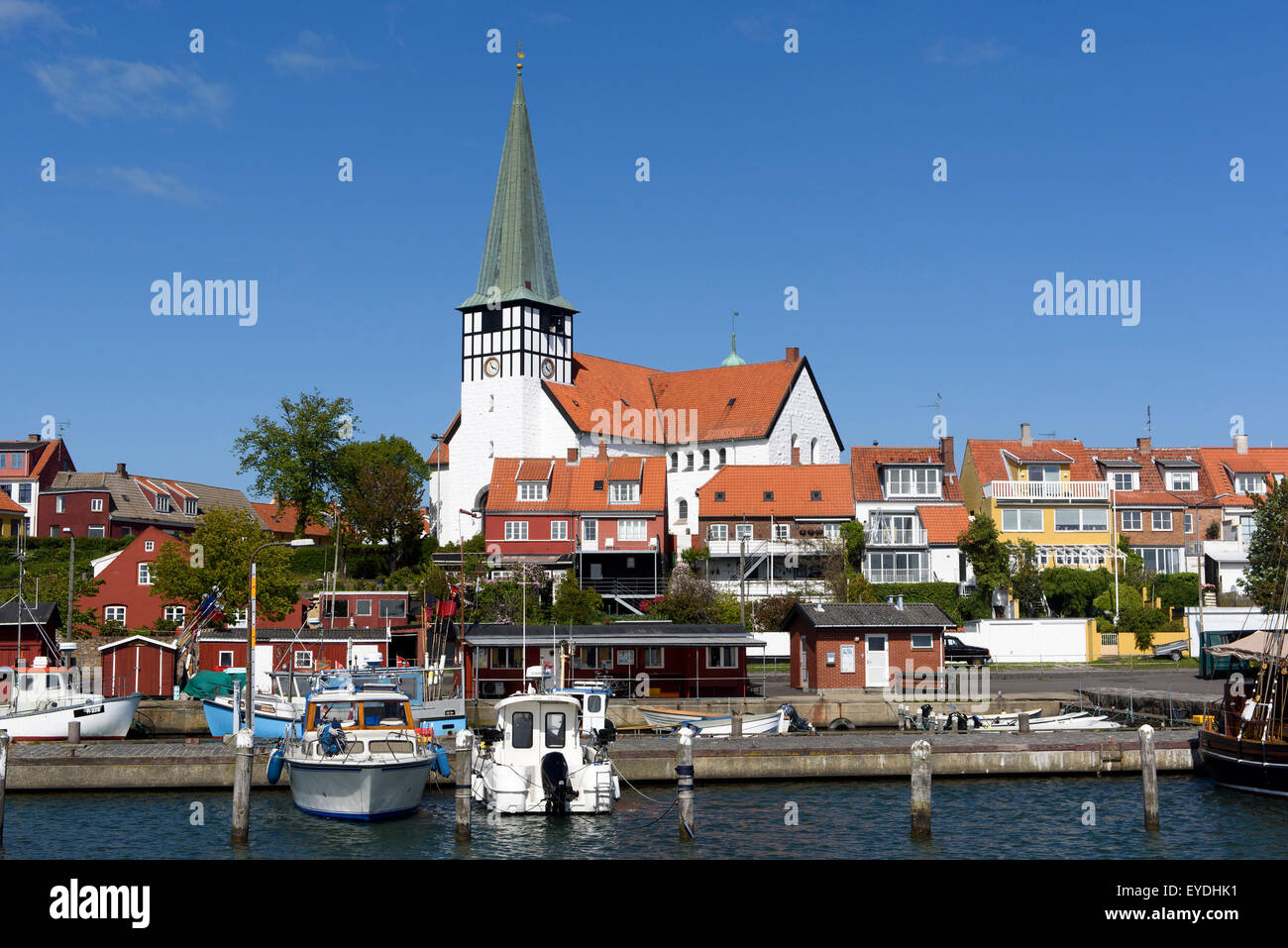 Fishing port and Nikolai church, Roenne, Isle of Bornholm, Denmark ...