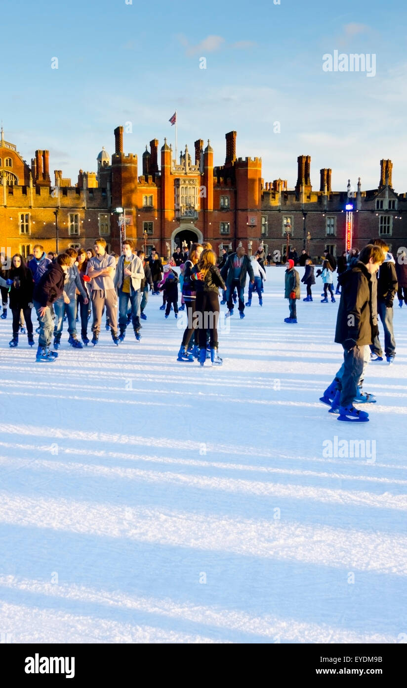 United Kingdom, People on Hampton Court ice skating rink; London Stock ...