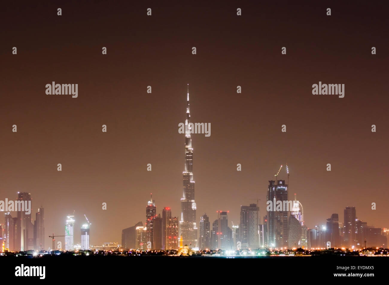 United Arab Emirates, View of city skyline at night; Dubai Stock Photo ...