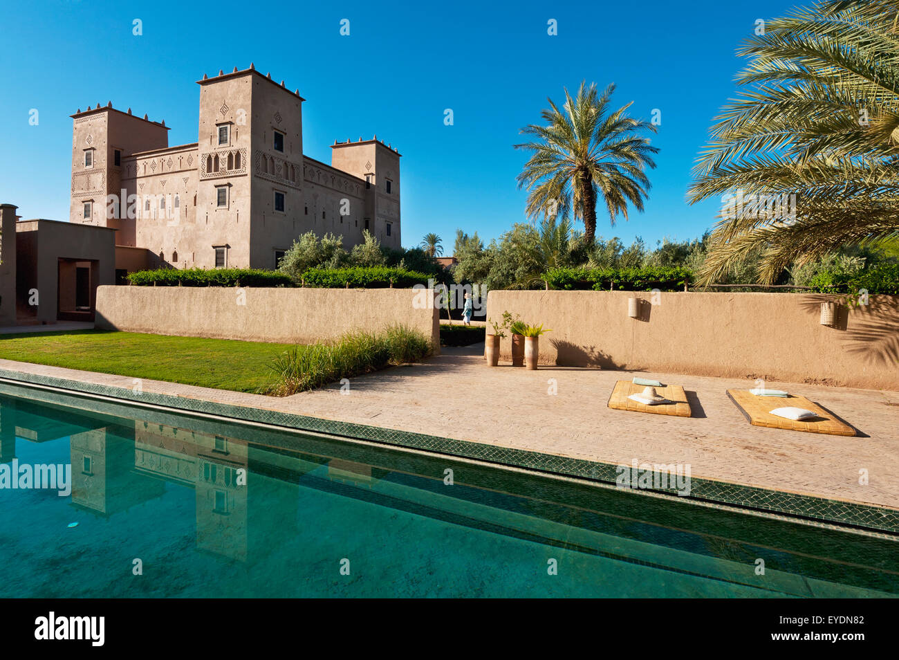 Morocco, Swimming pool and main Kasbah of Dar Ahlam hotel; Skoura Stock ...
