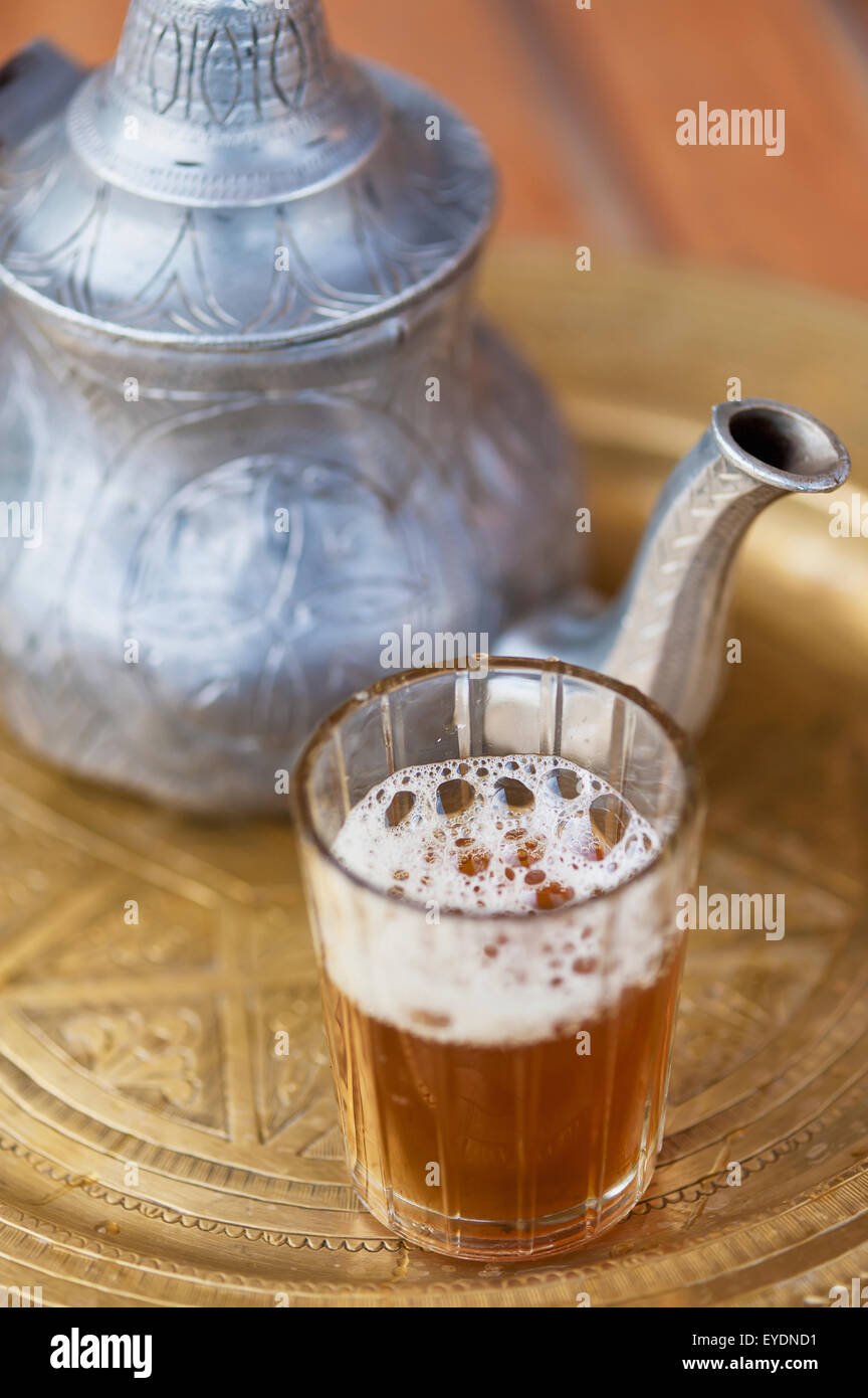 Morocco, Dar Ahlam Hotel; Skoura, Moroccan mint tea with pot Stock ...