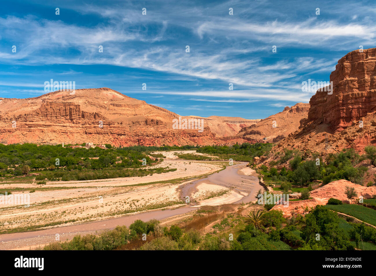 Morocco, River and small village in background; Valley of Roses Stock ...