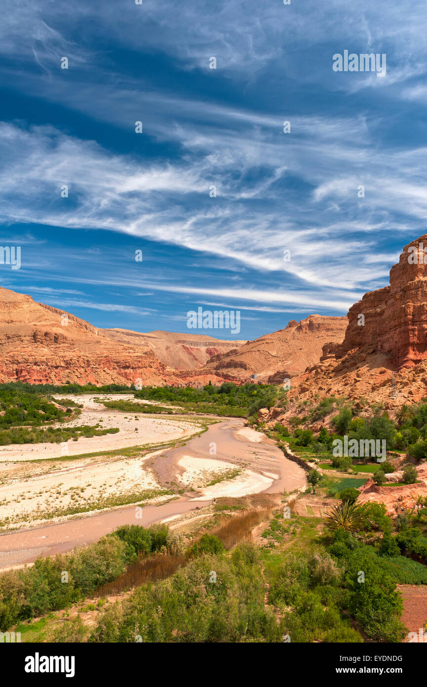 Morocco, River and small village in background; Valley of Roses Stock ...