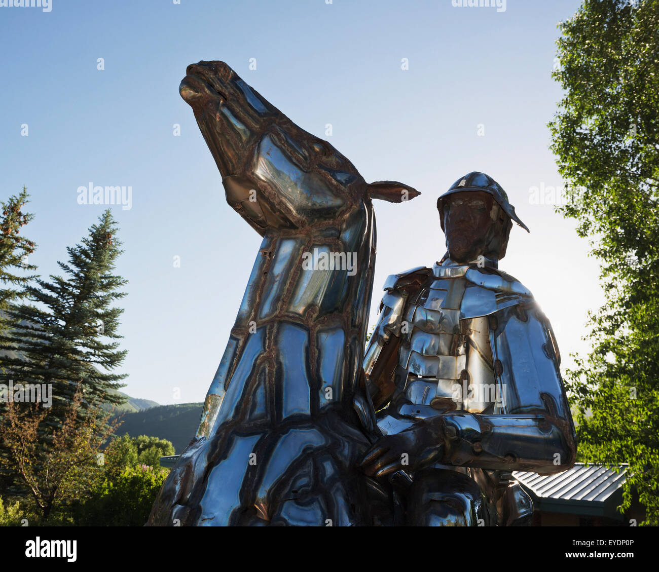 USA, Colorado, Downtown; Aspen, Man on horse sculpture, Public art ...
