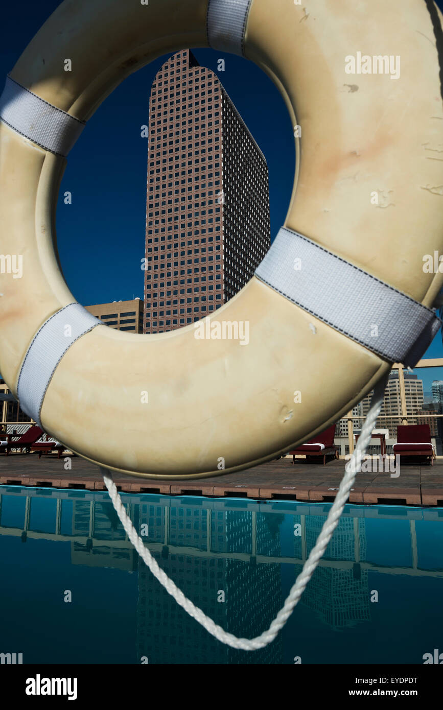 USA, Colorado, Downtown Denver skyline viewed from roof top pool of ...