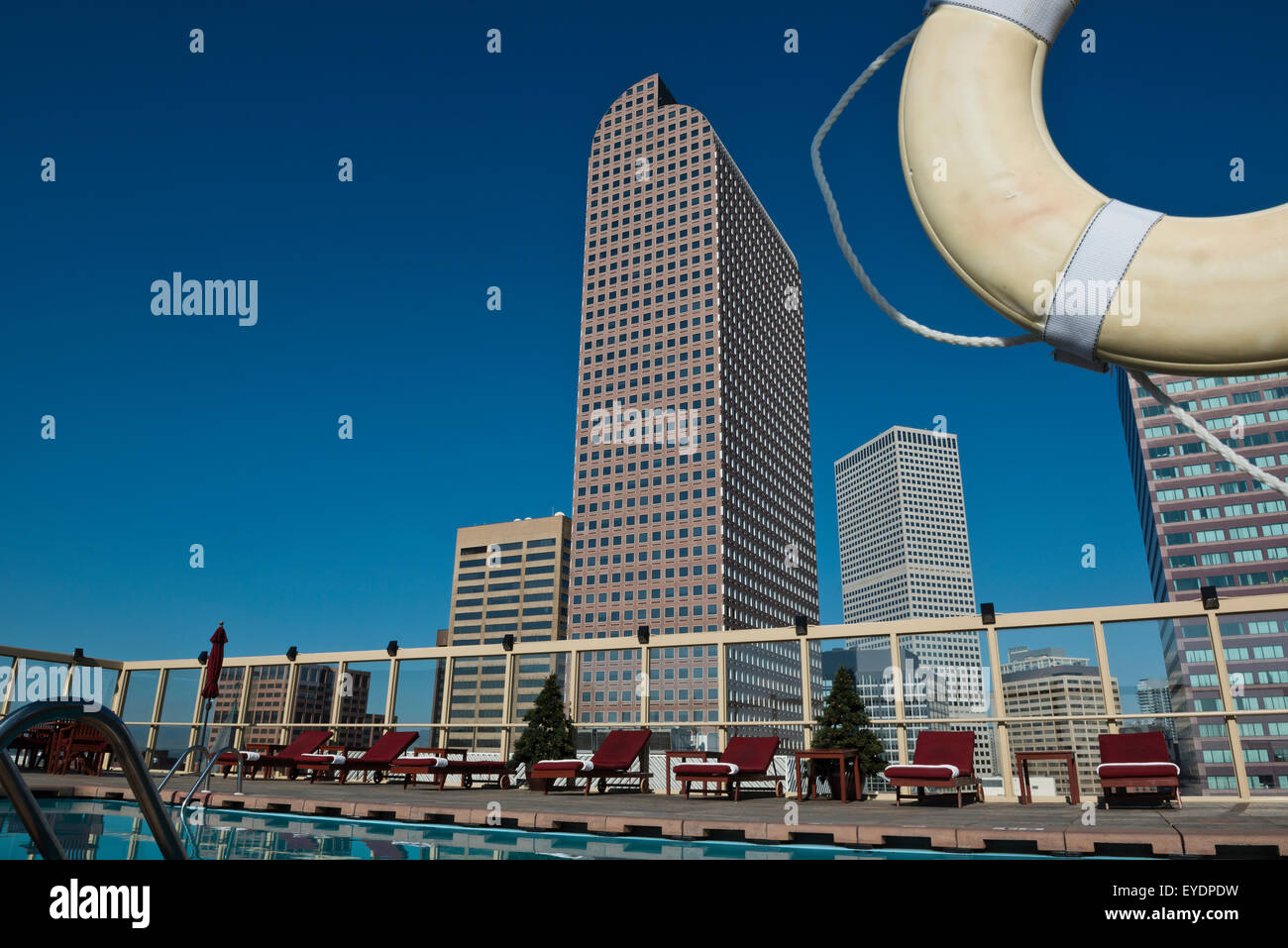 USA, Colorado, Downtown Denver skyline viewed from roof top pool of ...