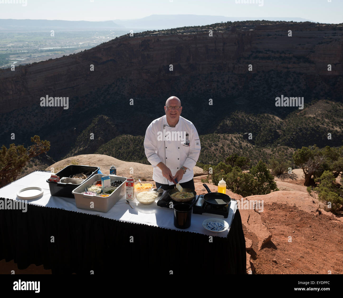 USA, Colorado, Outdoor breakfast served at Bookcliff picnic area ...