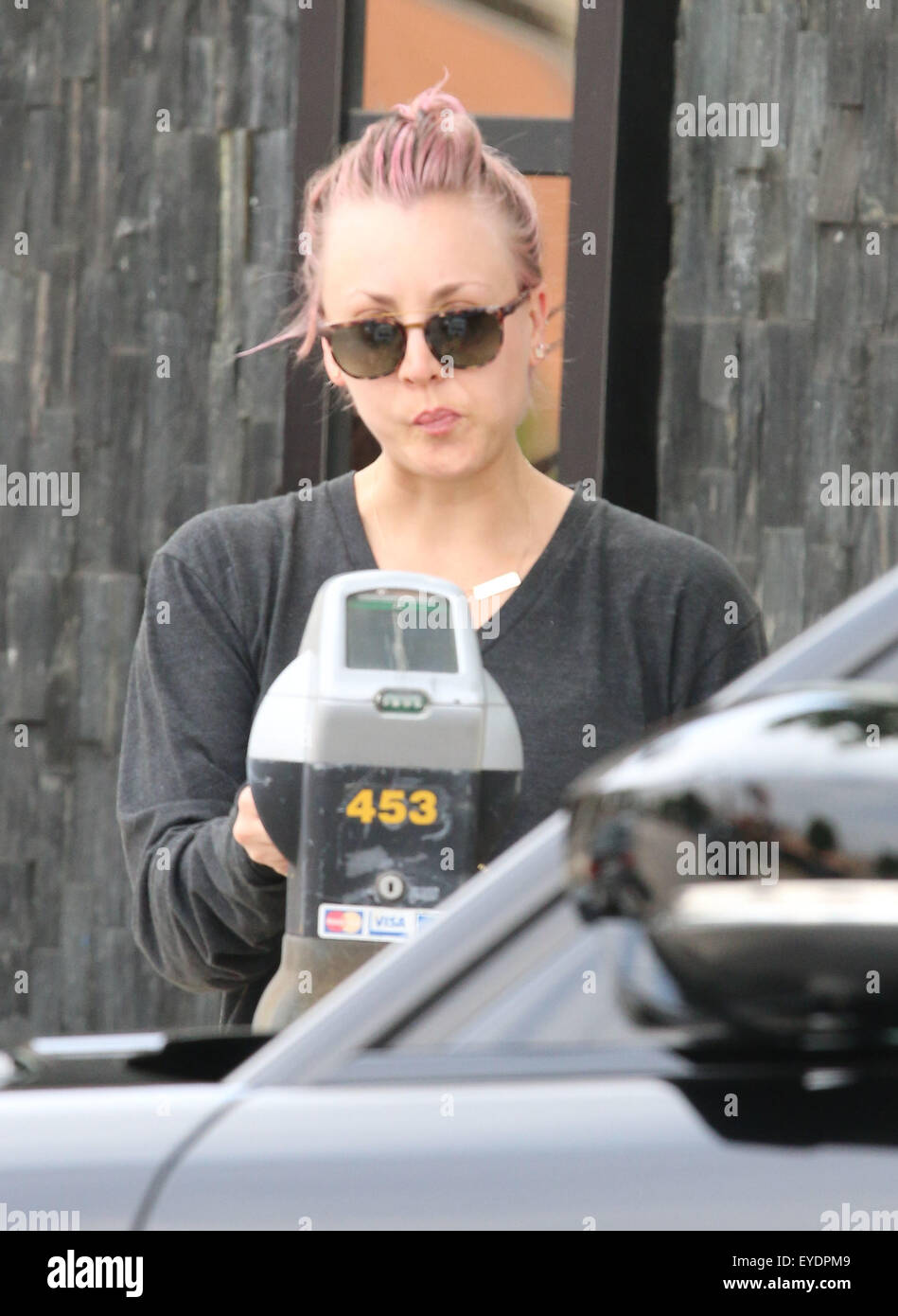 Kaley Cuoco has her eyebrows and hair dyed pink with her hair tied back ...