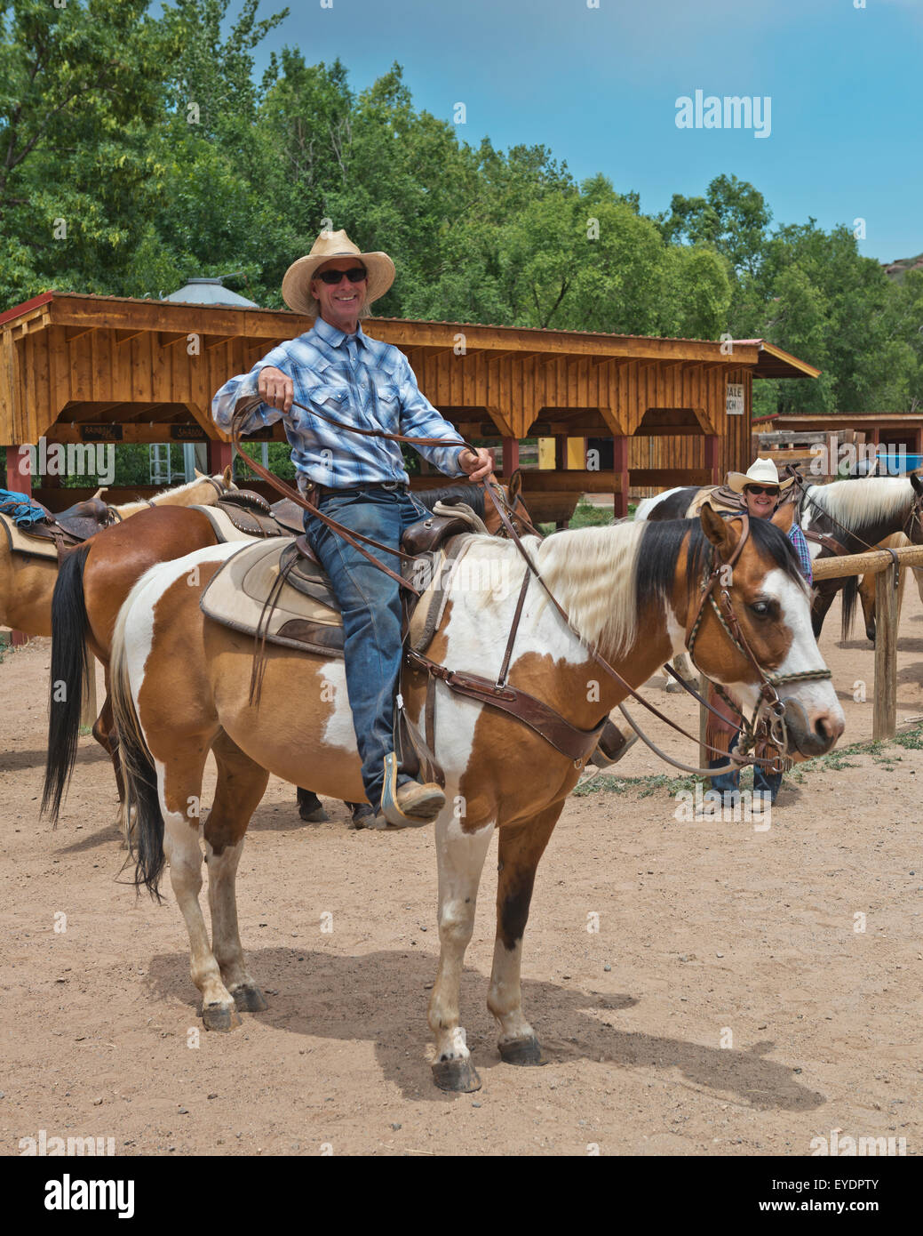USA, Colorado, Big Thompson River Valley; Loveland, Horseback riding at ...