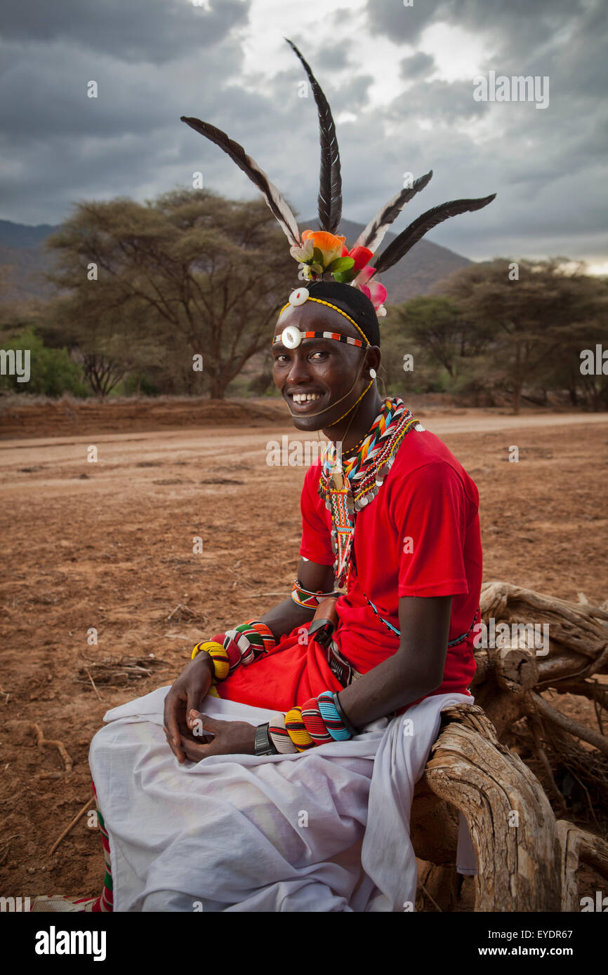 Kenya, Portrait of young Samburu Moran (warrior) in traditional dress ...