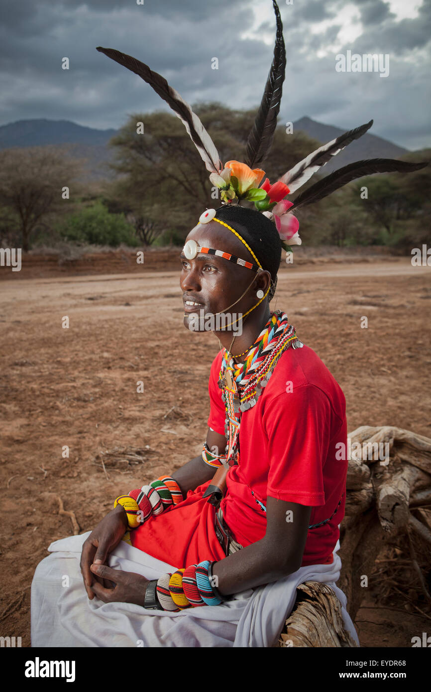 Kenya, Portrait of young Samburu Moran (warrior) in traditional dress ...