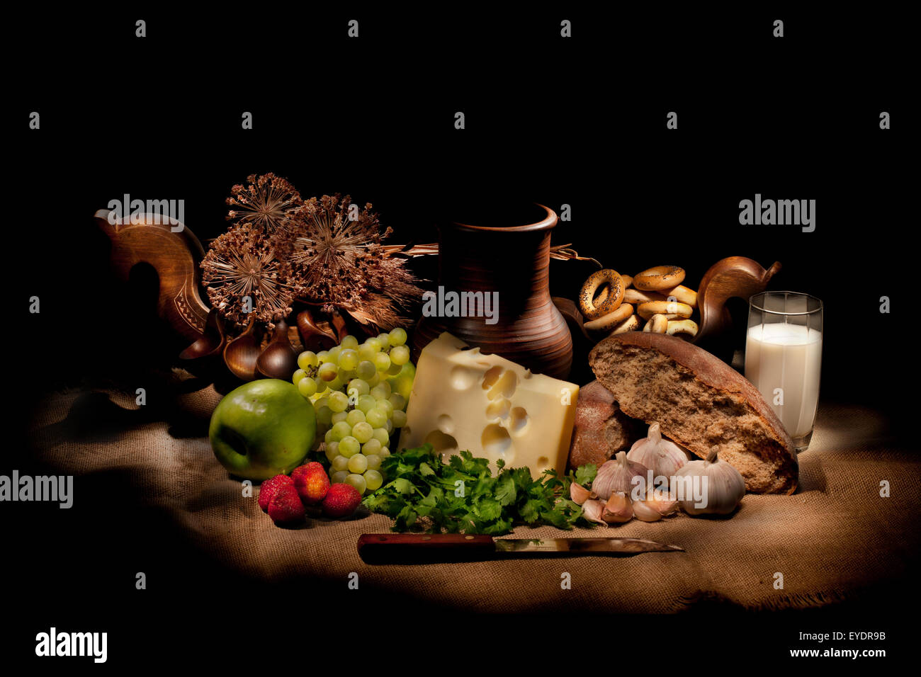 still life rural country food product jar pot tableware light brush ...
