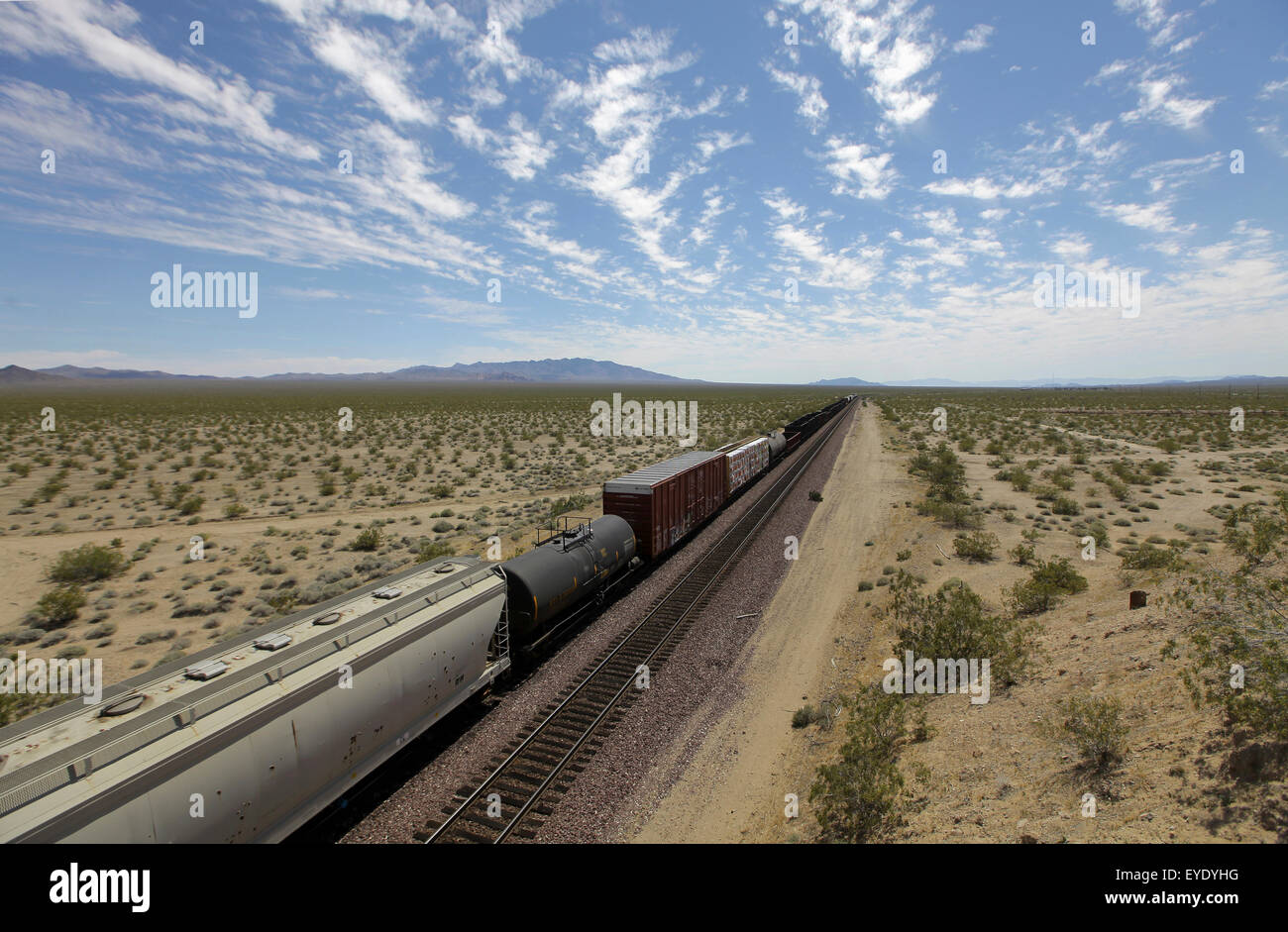 Usa, Freight Train Moves Through Desert Next To Route 66; California ...