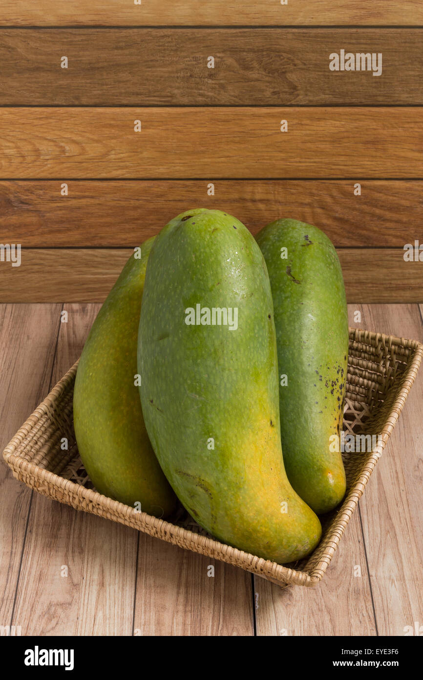 Mangoes from Thailand put in a basket on wood background Stock Photo ...