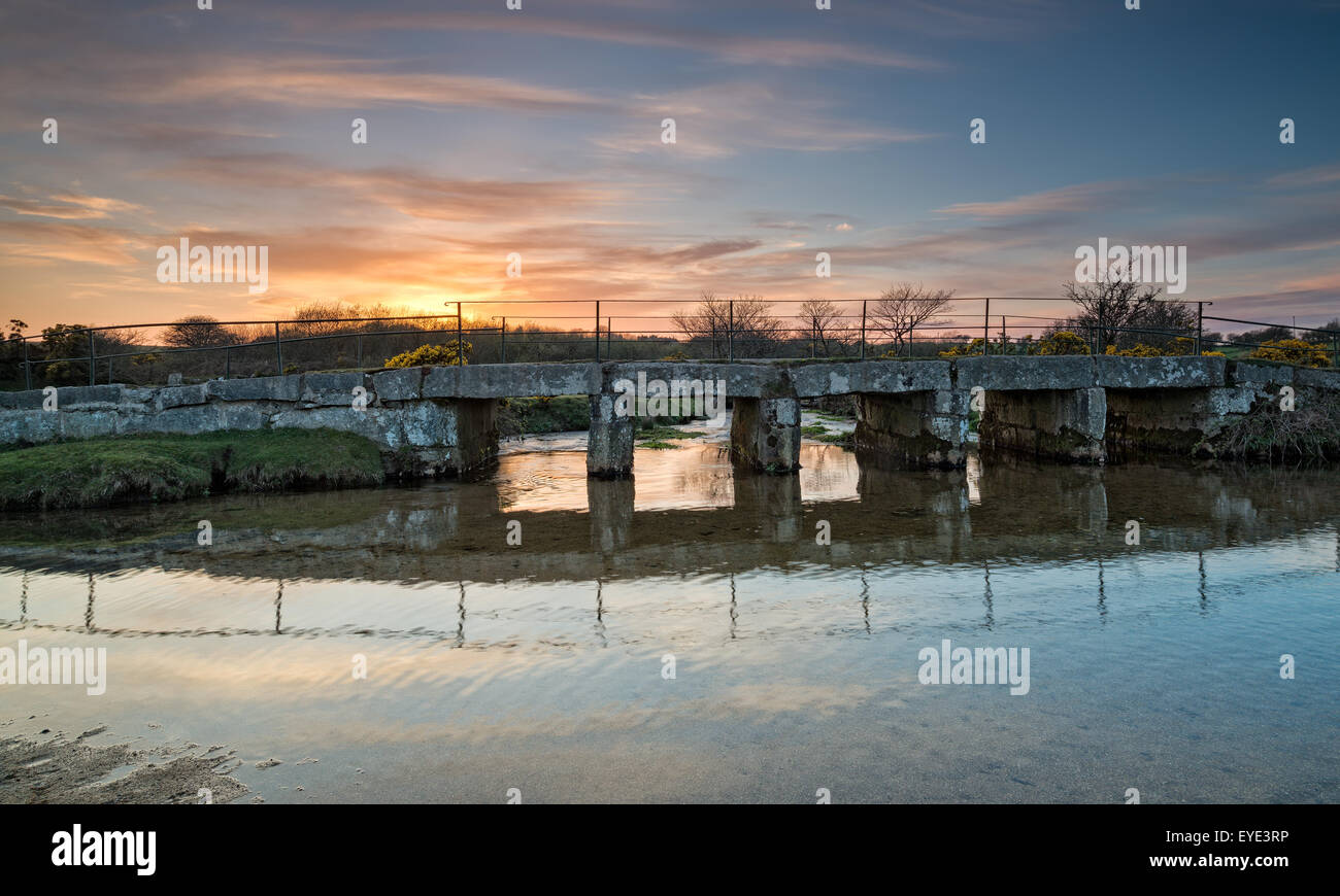 Anancient granite clapper bridge at St Breward on Bodmin Moor in ...