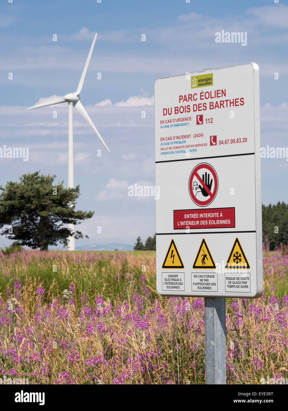 Barthes wind farm. Information board Hazards Stock Photo - Alamy