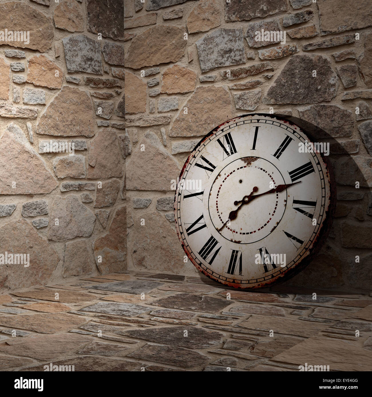 3d rendering of an old clock on a dirty and old wall Stock Photo - Alamy