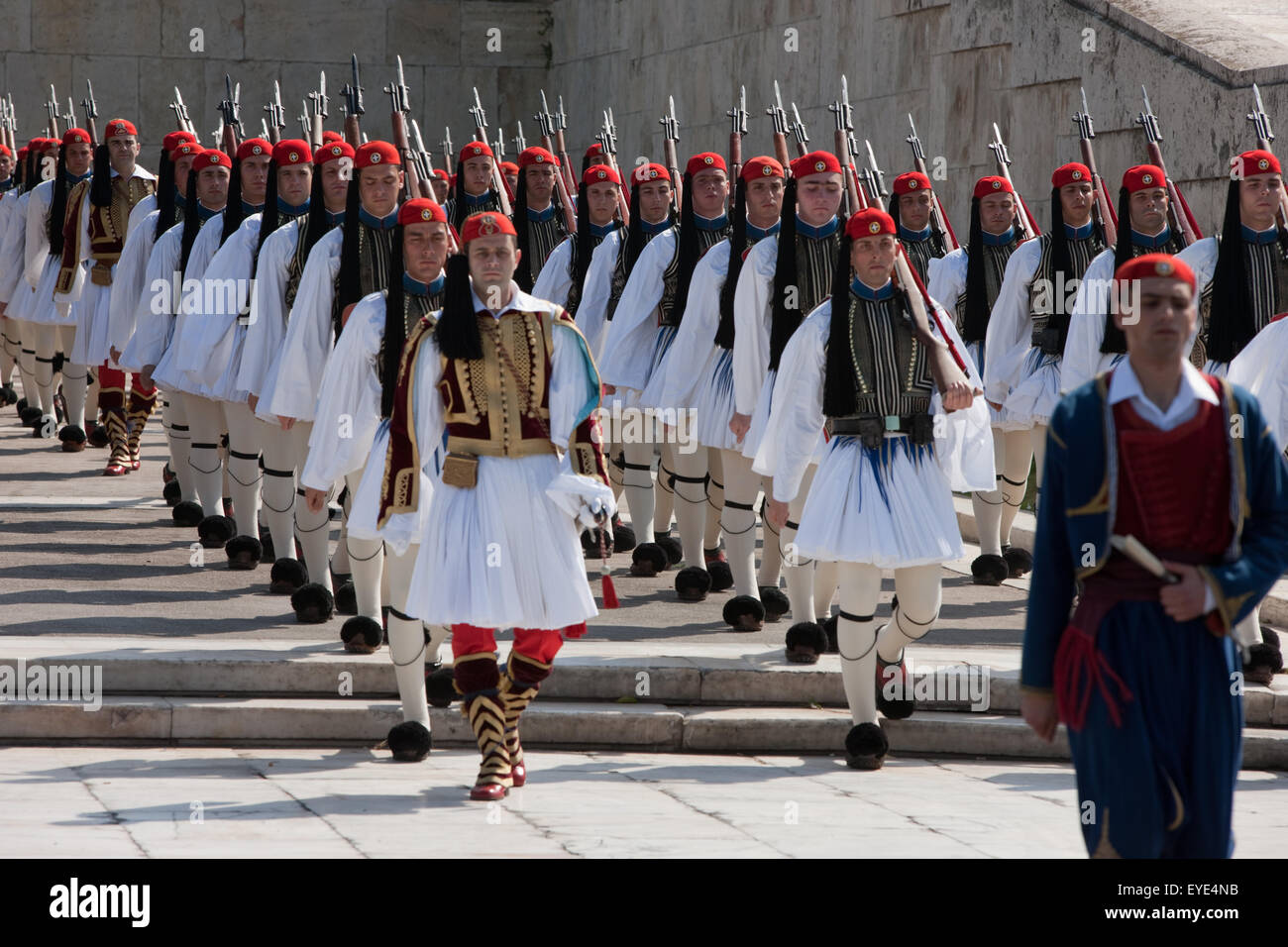 Infantry regiment of marching Evzones and shinning baggots/ bayonet ...