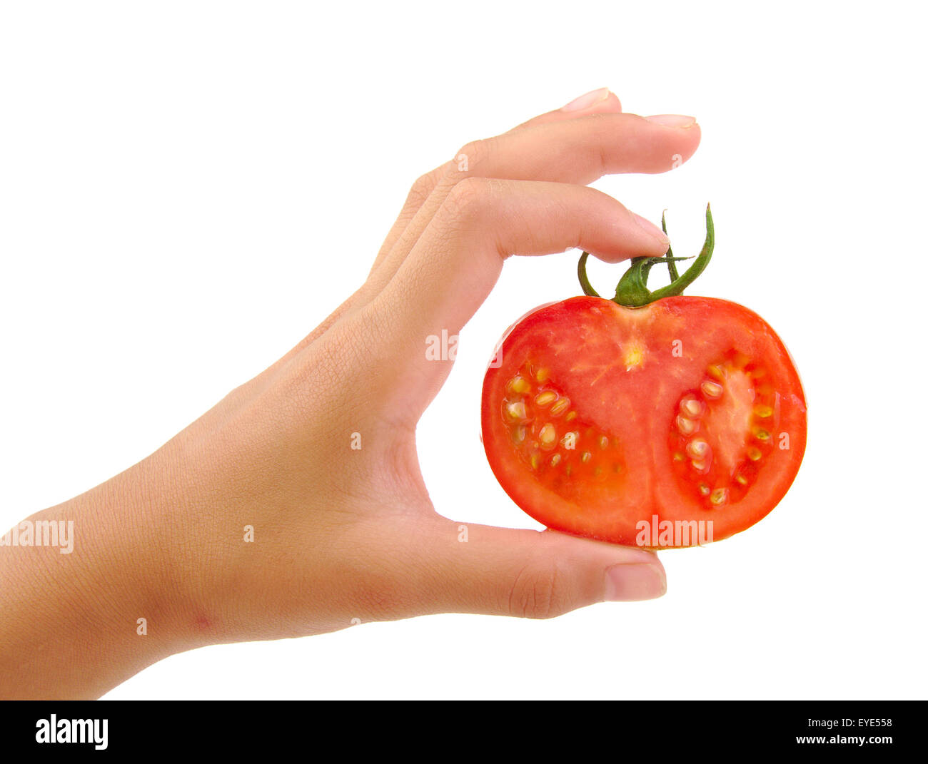 Tomato slice on human hand isolated on white background Stock Photo - Alamy