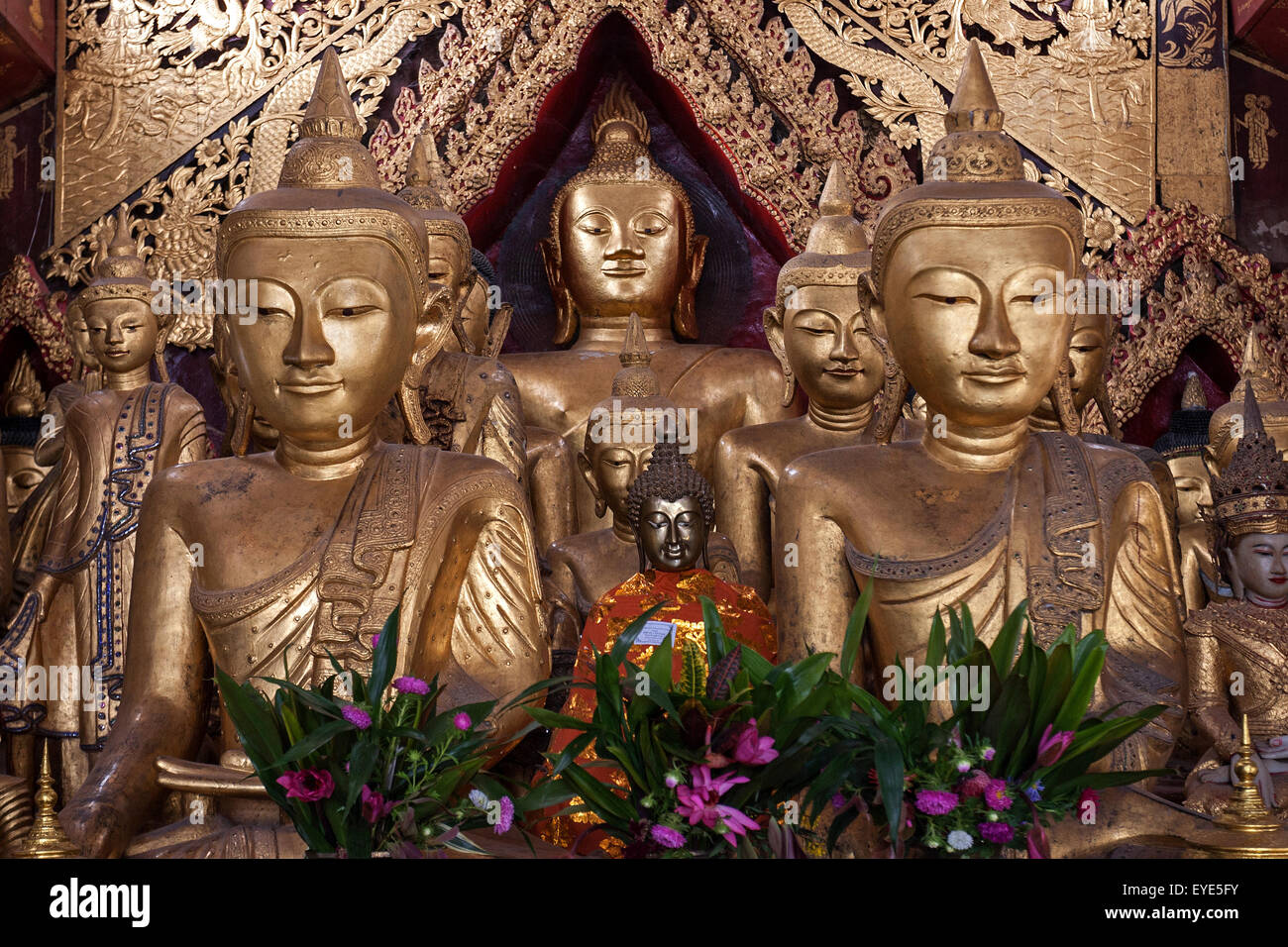 Bronze Buddha statues at Wat Jong Kham, Kyaing Tong, Shan State Golden ...