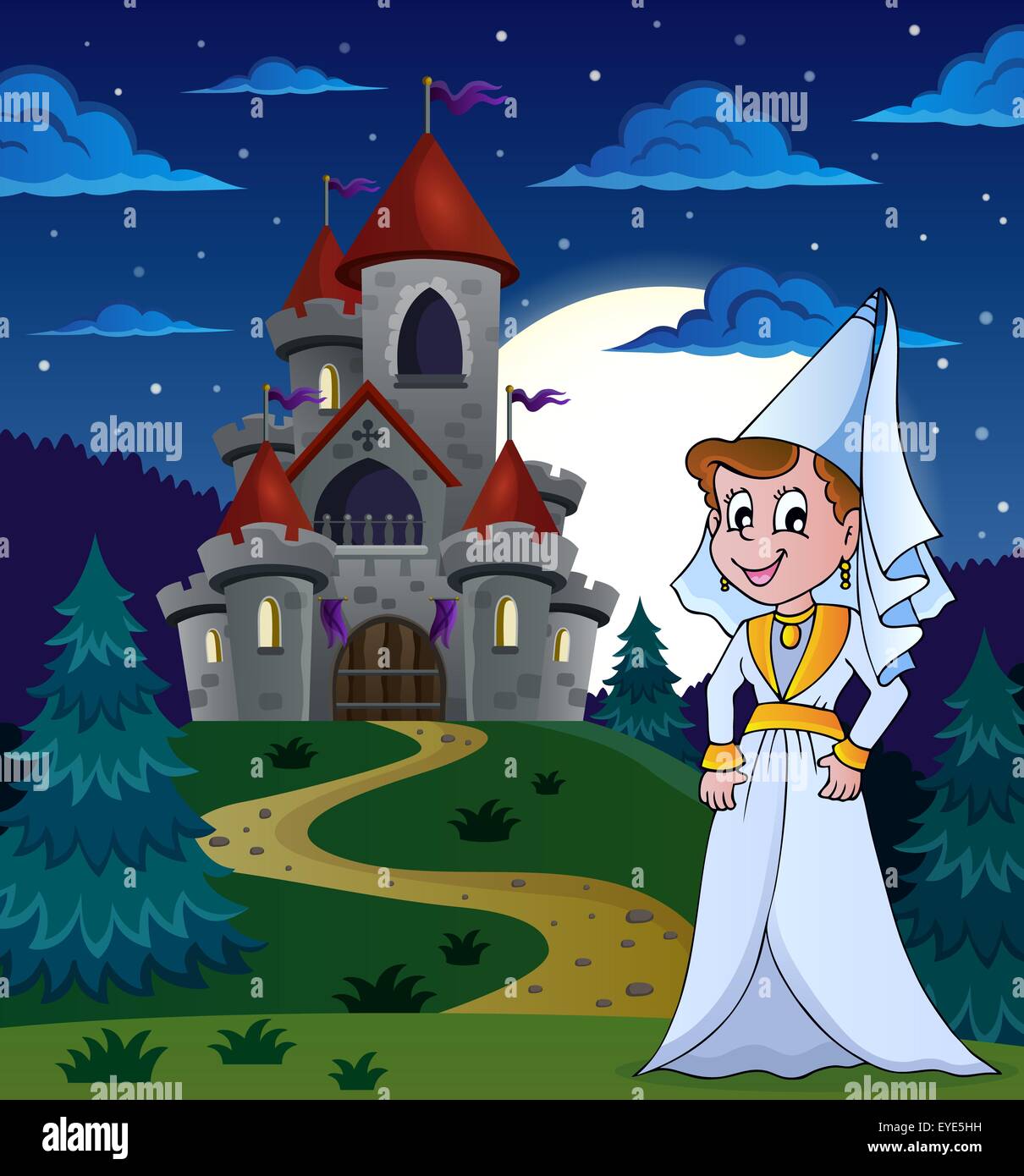 Medieval lady near night castle - picture illustration Stock Photo - Alamy