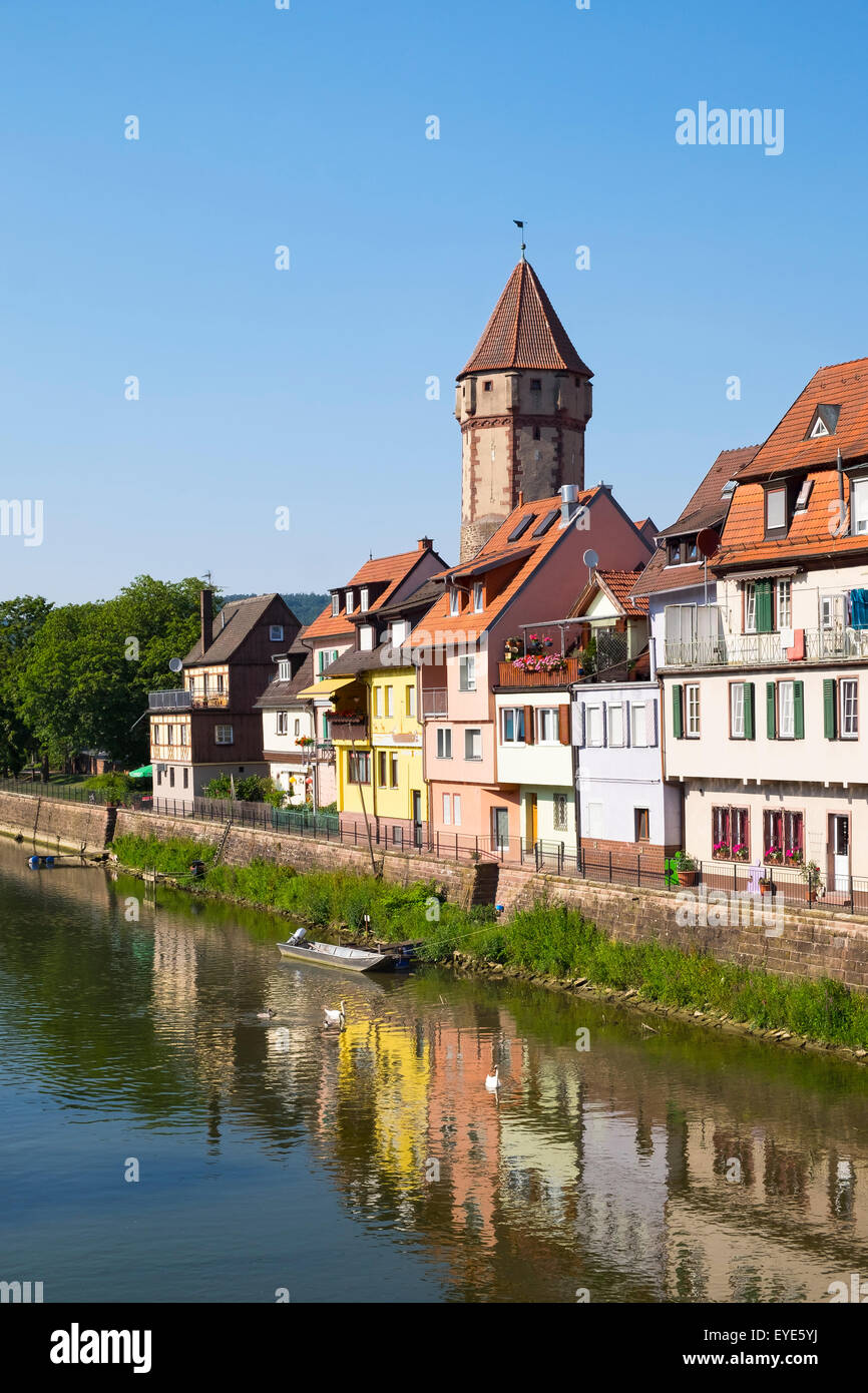 Spitzer Turm tower and river Tauber, Wertheim, Tauberfranken, Baden ...