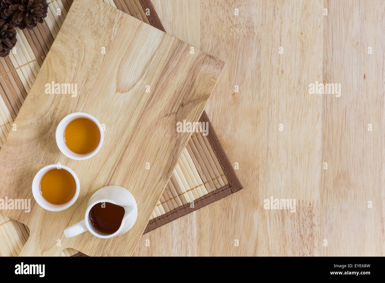 Wood Texture Background Decorated by Cutting Plate and Cups of Tea ...