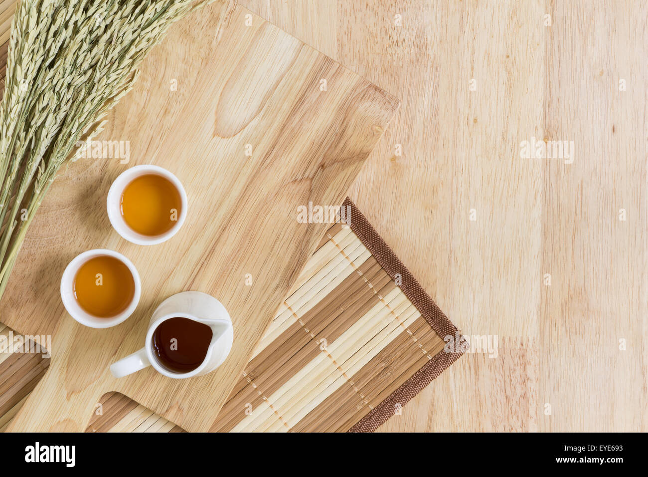 Wood Texture Background Decorated by Cutting Plate and Cups of Tea ...