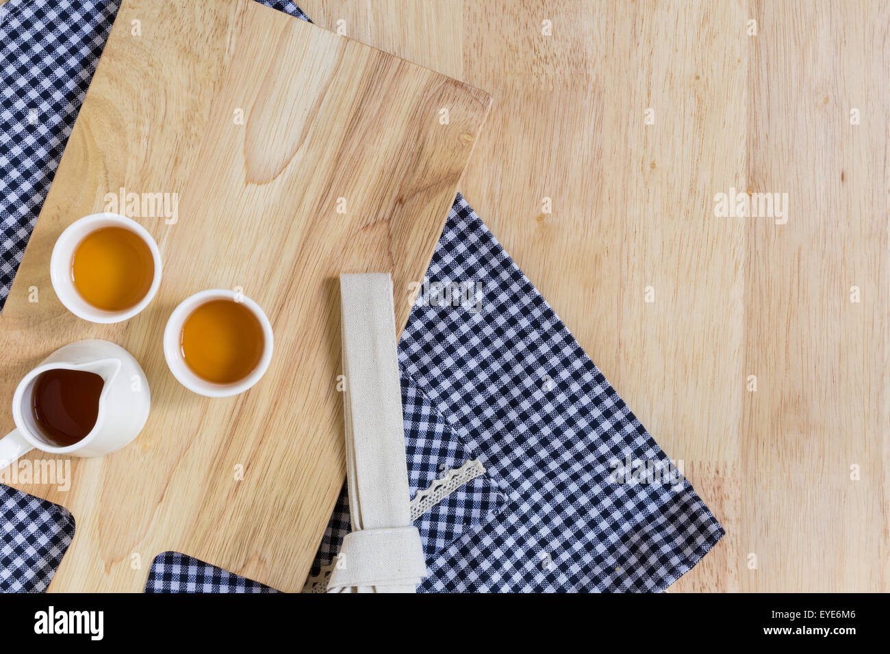 Wood Texture Background Decorated by Cutting Plate and Cups of Tea ...