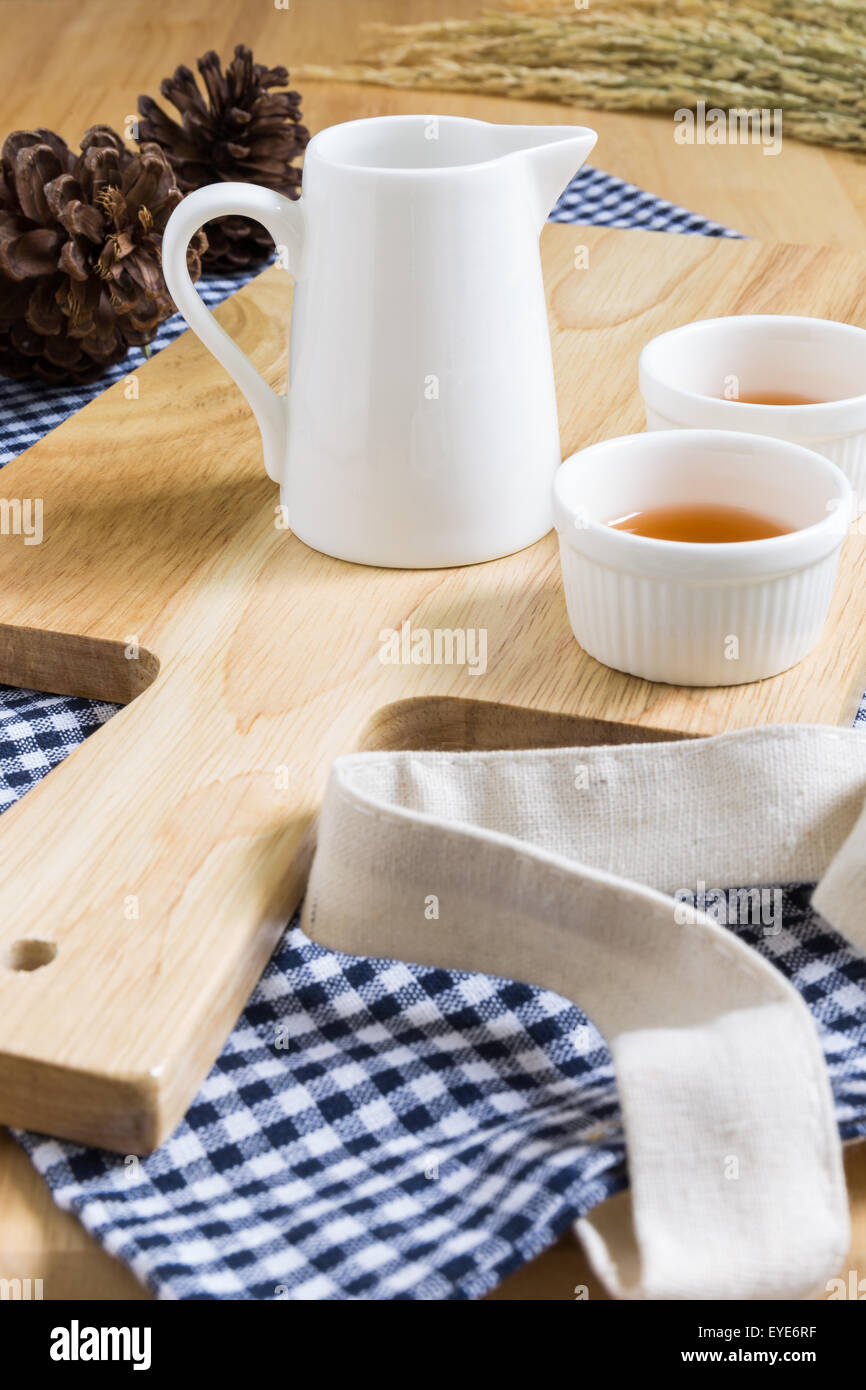 Wood Texture Cutting Plate and Cups of Tea on Table at Home Stock Photo ...