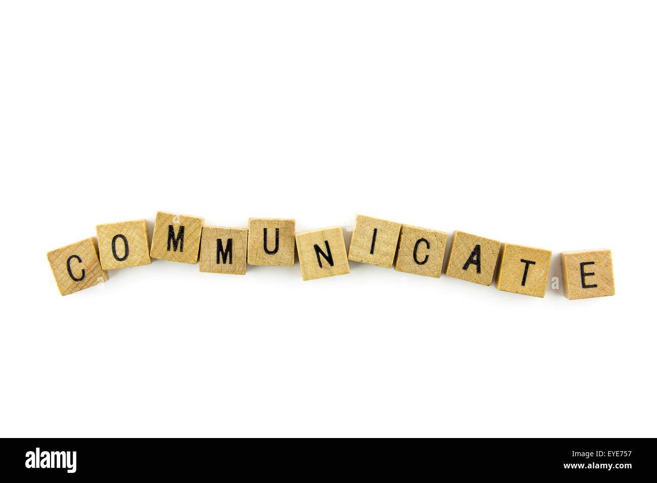 Communicate word wooden alphabet blocks on white background from top ...
