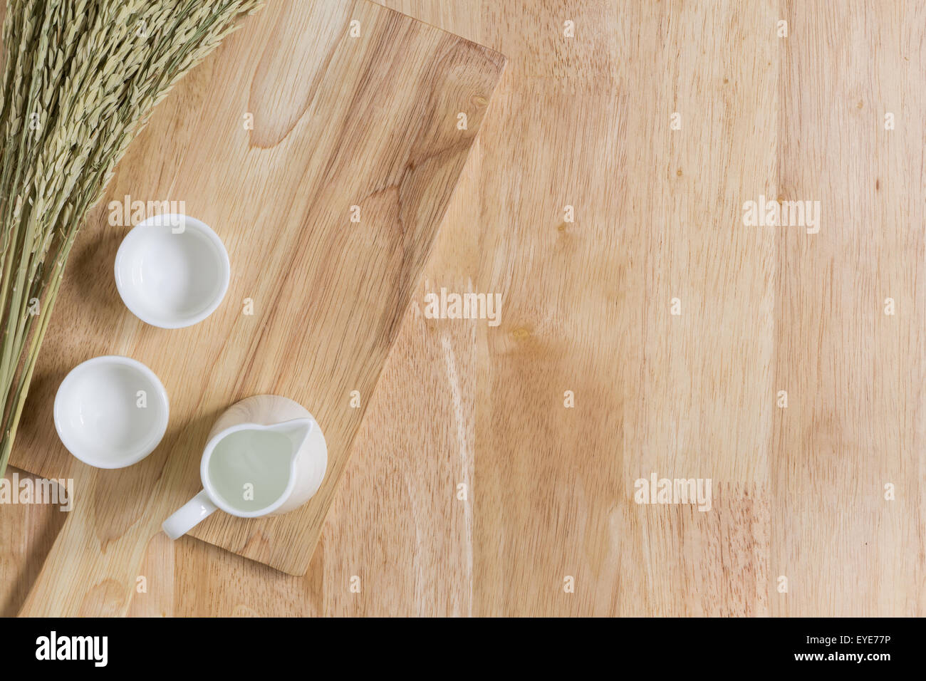 Wood Texture Background Decorated by Cutting Plate and Empty Tea Cups ...