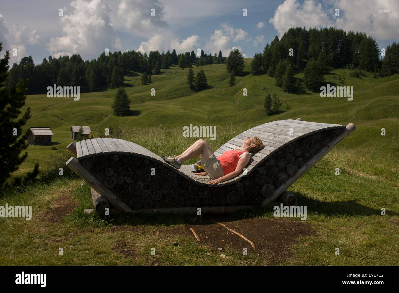 Rest seat made from logs in the Pralongià above San Cassiano-St ...