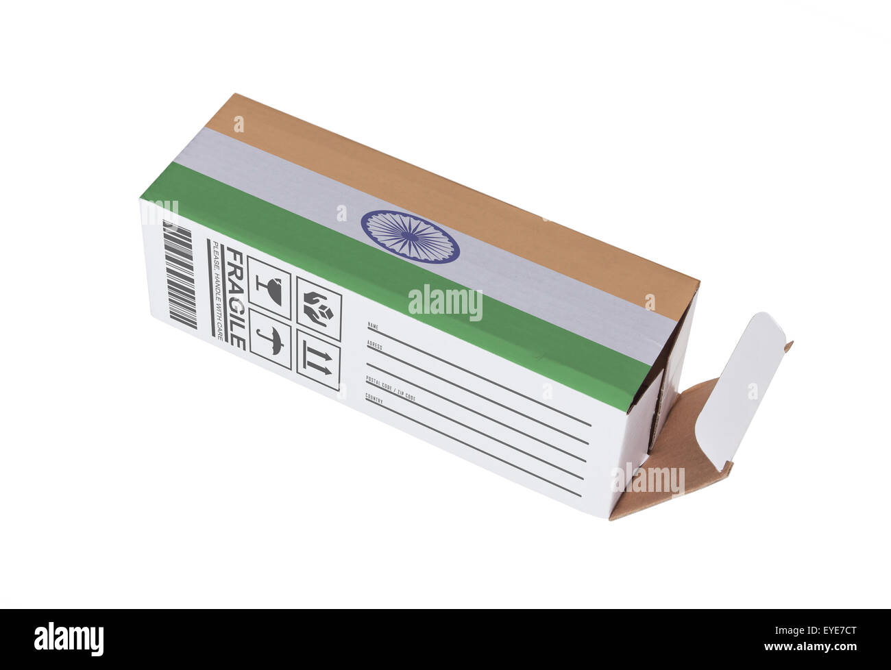 Concept of export, opened paper box - Product of India Stock Photo - Alamy