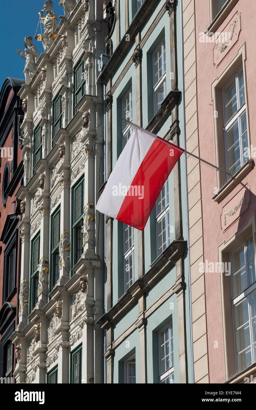 Poland, Old Town District; Gdansk, Polish Flag Outside Townhouse On ...