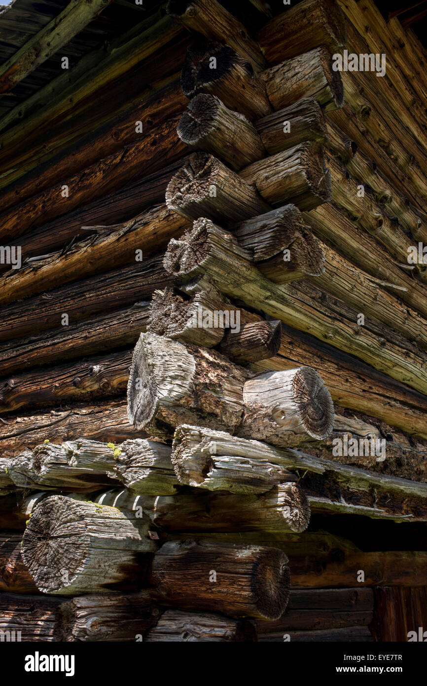 Corner of typical old Alpine timber hut in the Pralongià above San ...
