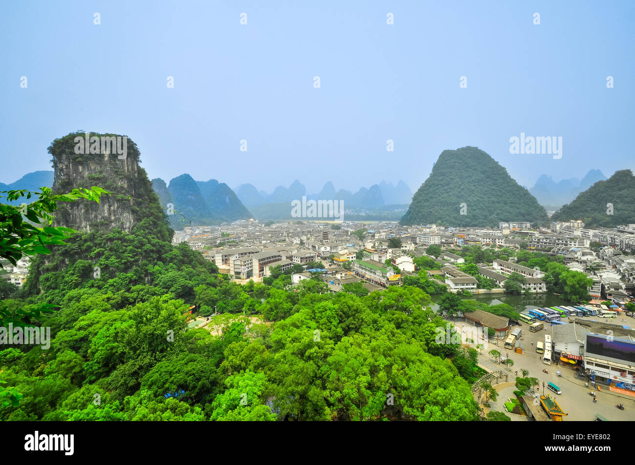 Aerial view of yangshuo city county town, beautiful karst mountain ...