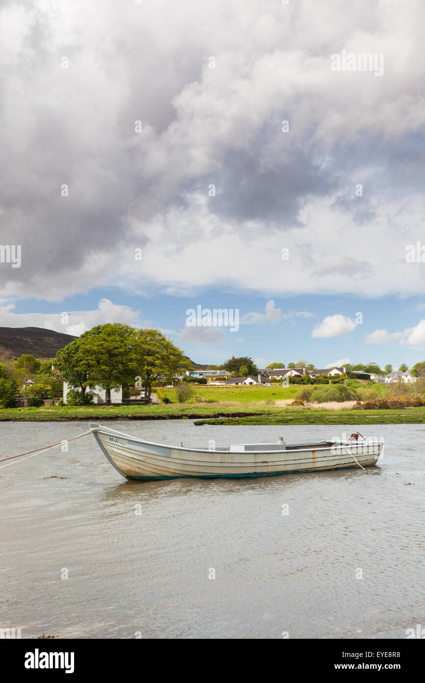 Wooden fishing boat moored in water looking towards Sulaisiadar Mor ...