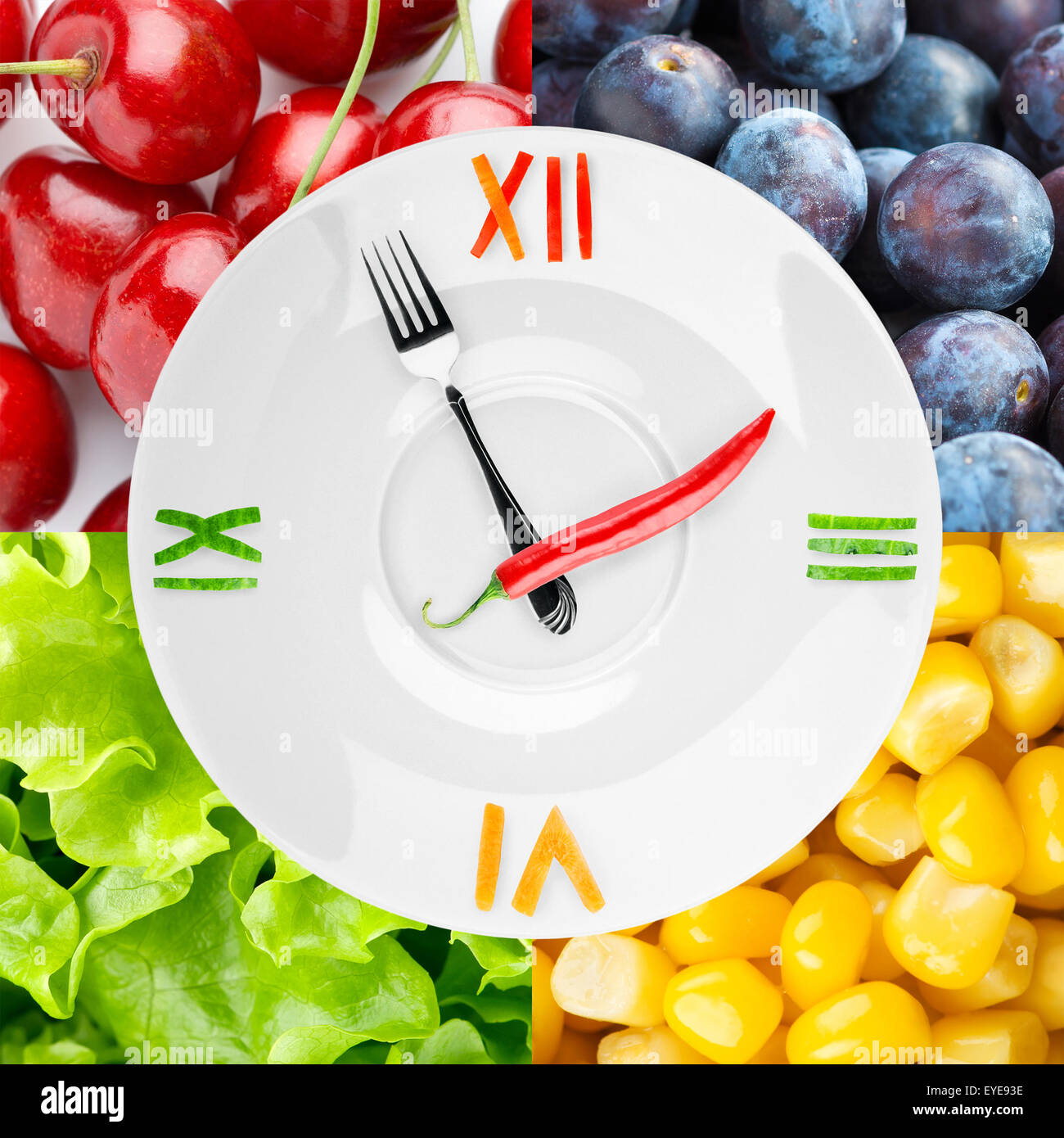 Food clock with vegetables and fruits as background. Healthy food ...