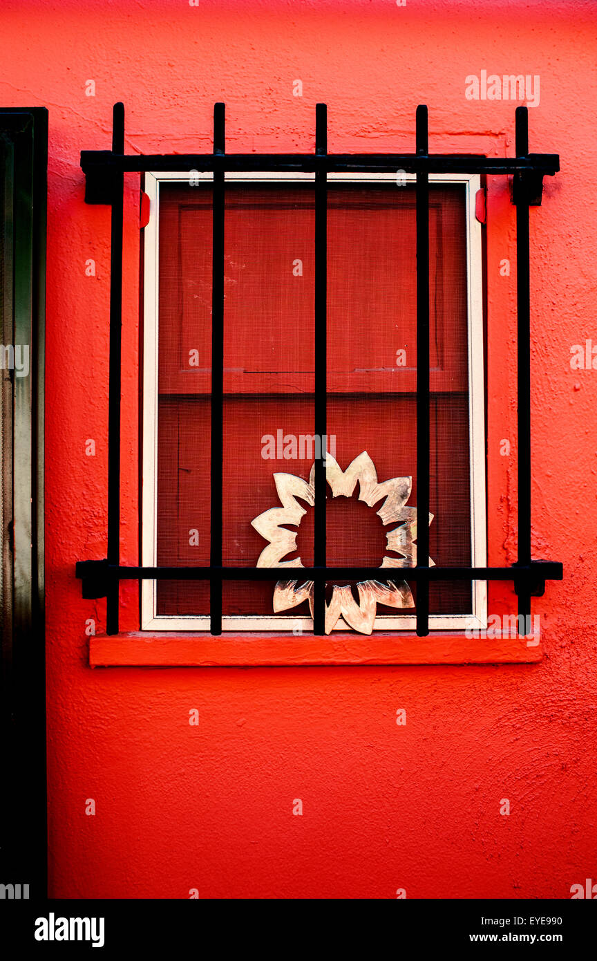 Bright red building with black barred windows, Los Angeles, California ...