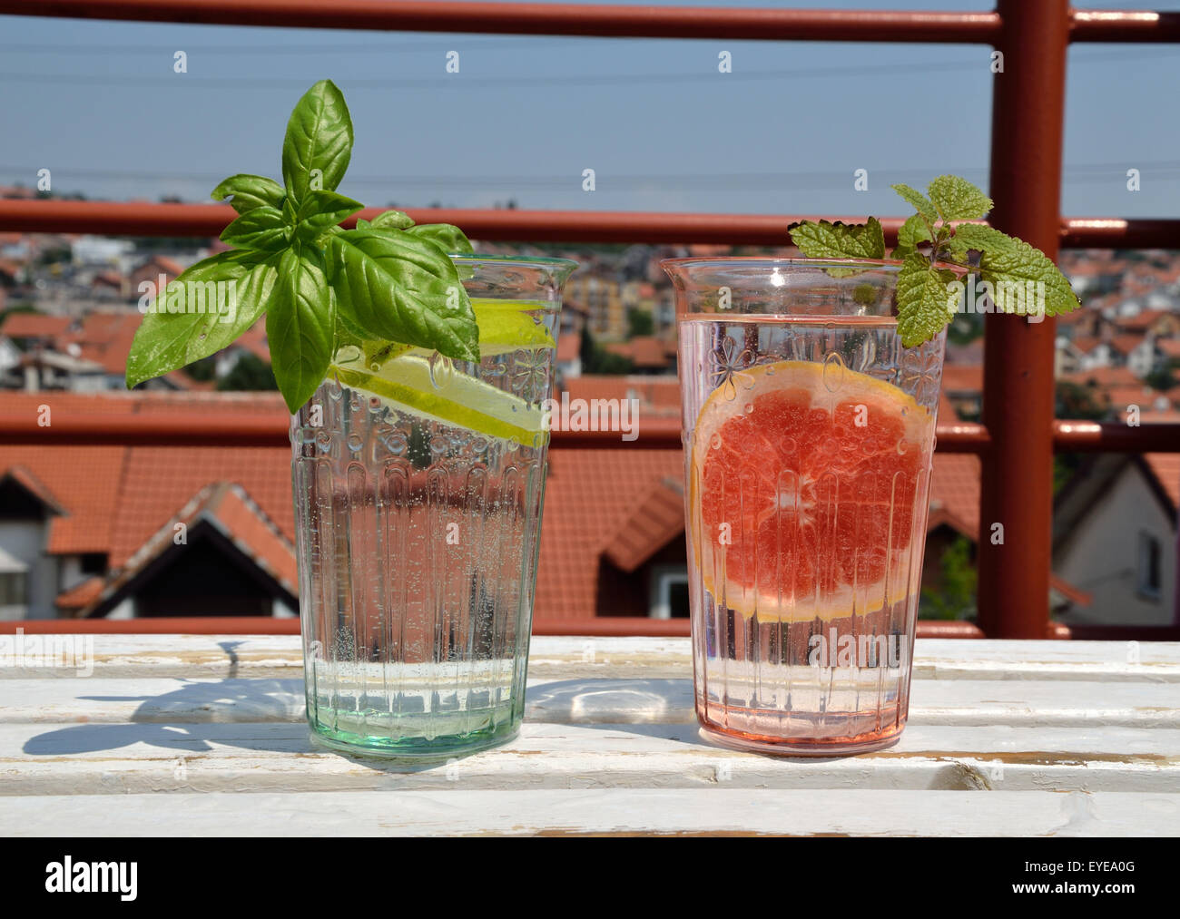 Two glasses of fresh drinks with citrus slices and green fresh leaves ...