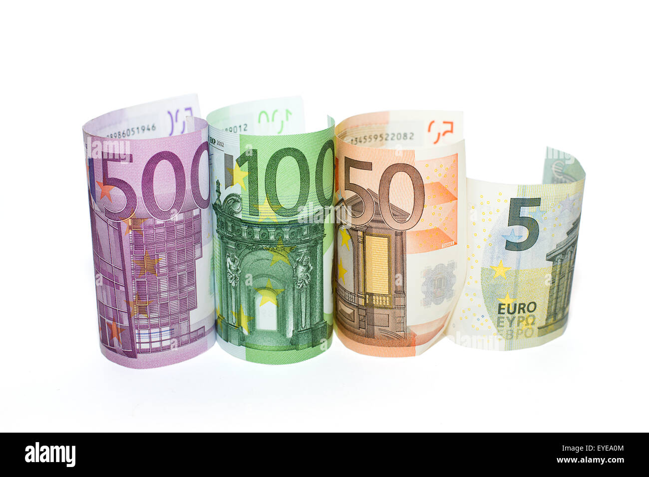 EURO-banknotes of various denominations on a white background Stock ...
